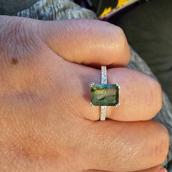 Natural Moss Agate Ring-emerald Cut Moss Agate Ring-gold-silver ...