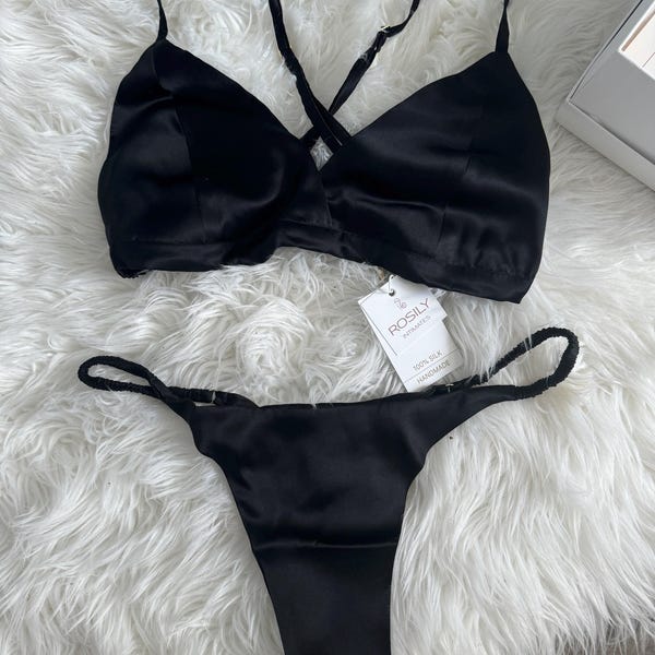 Brown Silk Lingerie Set Pure Silk Bralette And Thong Silk Satin Bra