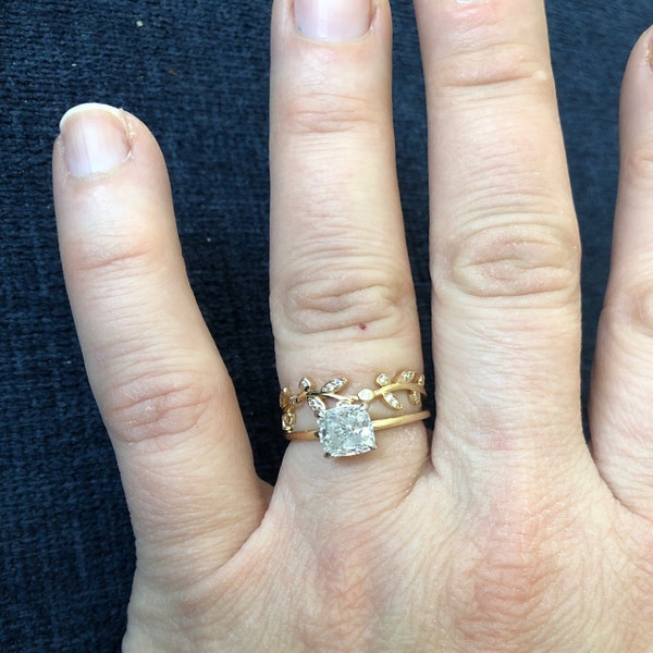 14K Solid Yellow Gold Olive Leaf Simulated Diamond Ring, Delicate ...