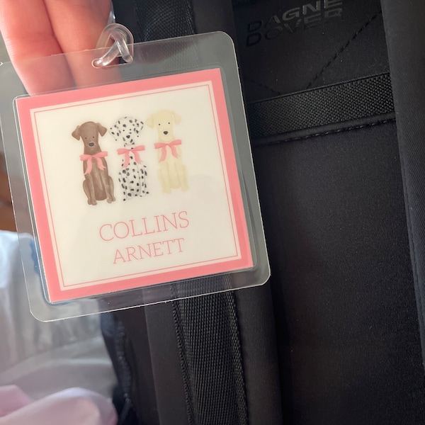 Personalized Watercolor Dog Bag Tag, Laminated Girl Luggage Tag, Pink ...