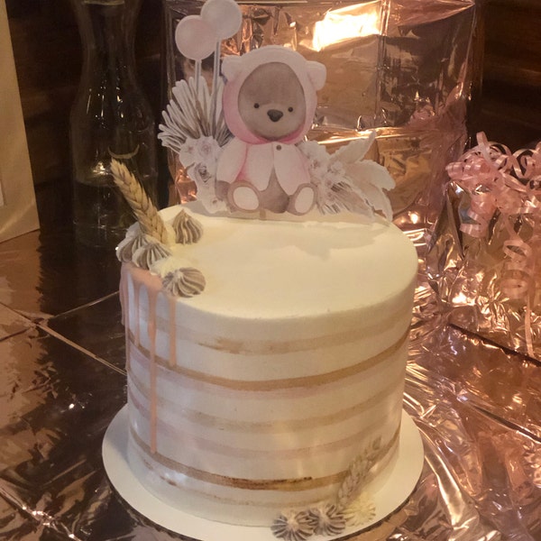 Pink Teddy Bear Cake Topper With Pampas Grass and Balloons | Pink Baby ...