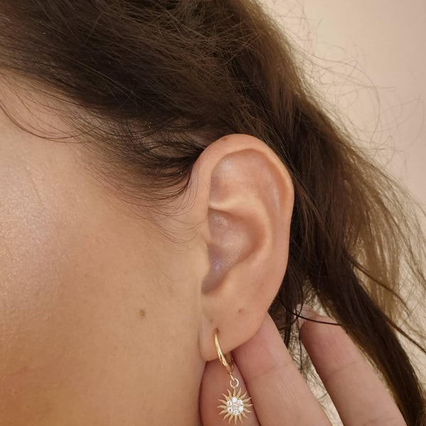 14K Gold Sun Hoop Earrings, Gold Sun Earrings, Calestial Earrings, Gold Hoop Earrings, Sun ...