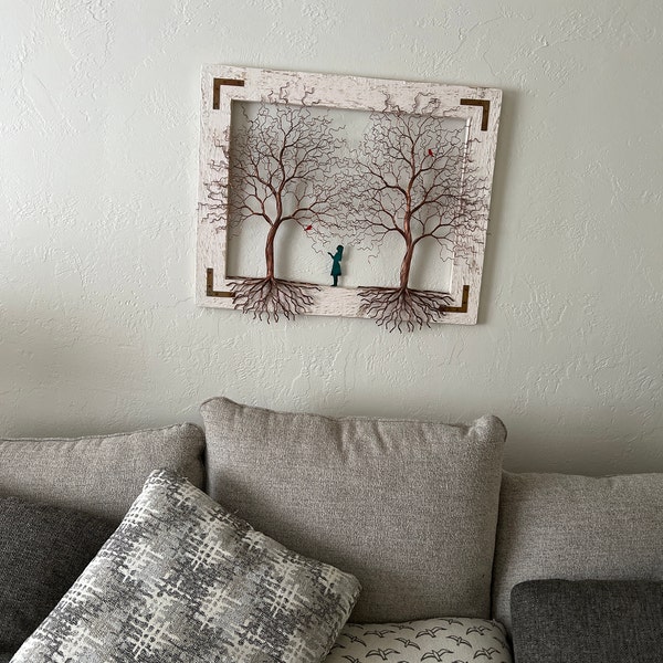 Made to Order Framed Copper Tree W/bench. Rustic Decor. Wire Art. Metal ...