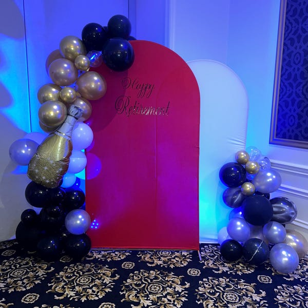 128 Happy Retirement Balloon Arch White Black Gold Champagne Bottle ...
