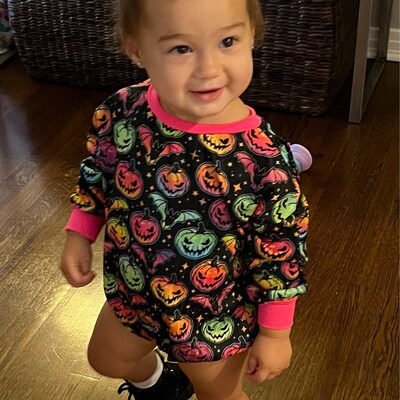 Neon Halloween Baby Sweater Romper, Baby Romper With Headwrap Bow and ...