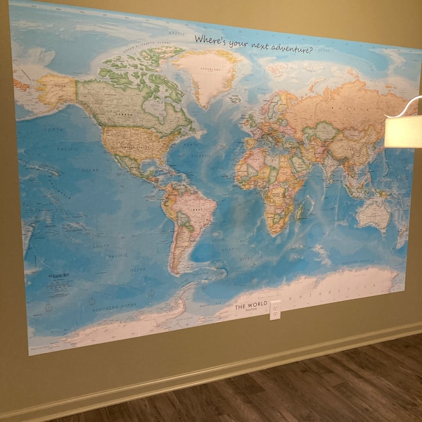 Giant World Map Wall Mural: Removable Peel & Stick Fabric - Blue Ocean ...