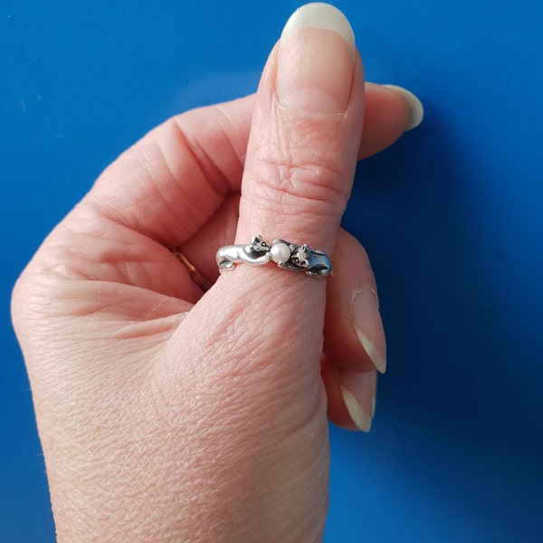 Two Cats Ring With Pearl in Sterling Silver Size 3 to 8 3/4 - Etsy