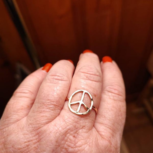 Peace Sign Ring, Gold Peace Sign Ring, Hammered Sterling Silver Peace ...
