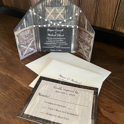 Rustic Barn Wedding Invitation With Folding Doors and Strings of Lights ...