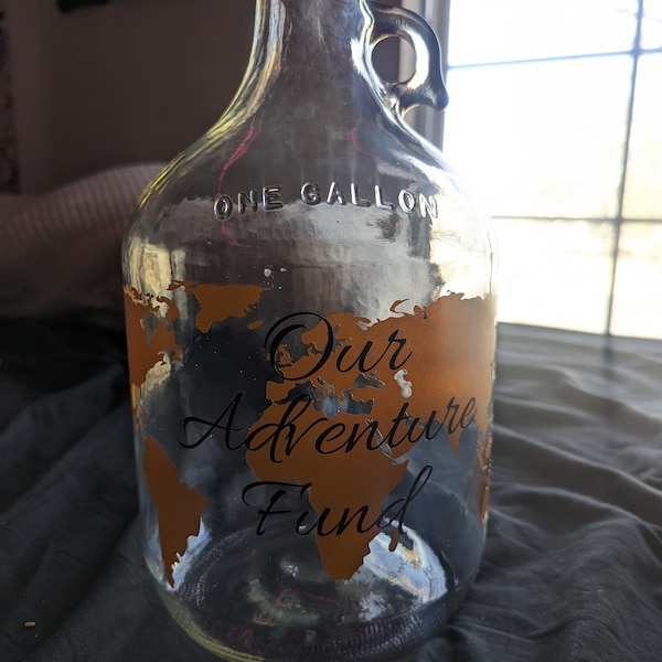 Our Adventure Fund ~ World Map Money Jar Travel Fund - 1 Gallon Glass ...