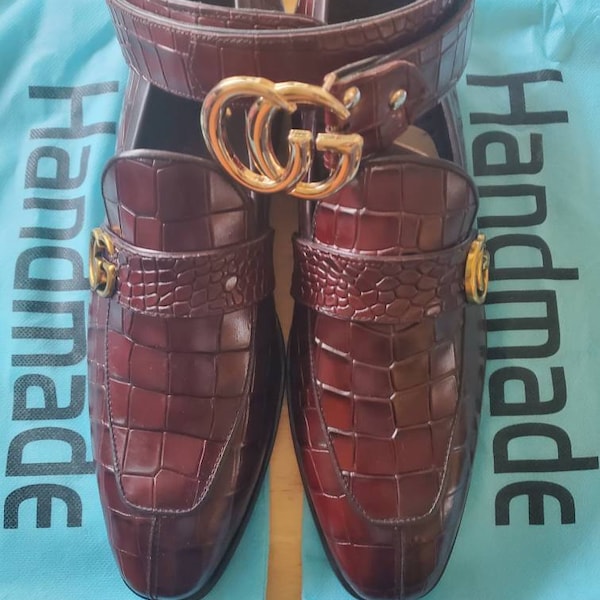 Handmade Goodyear Welted Hand Stitched Blue Crocodile Texture Leather ...