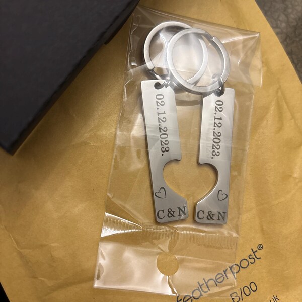 Custom Engraved Heart Couple Keychain Set, Wedding Date Keyring With ...