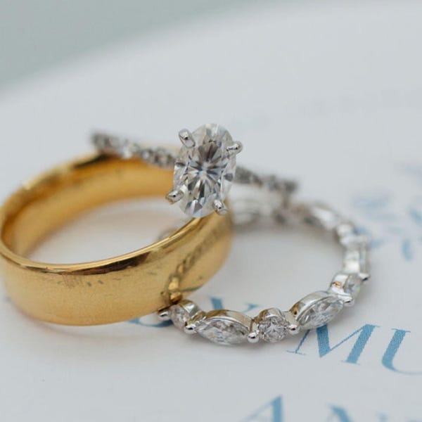 Single Prong Marquise and Round Diamond Wedding Band, 14K Lab Diamond ...