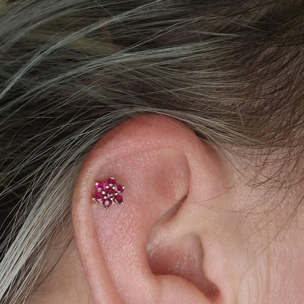 Flower Design Ruby Piercing, Single Bar, 14K Solid Gold, 16G, 8mm Bar ...