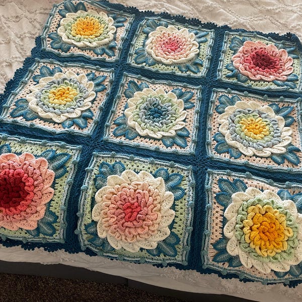 Handmade Crochet Large Blanket for Sale, 3D Peony Granny Square Blanket ...