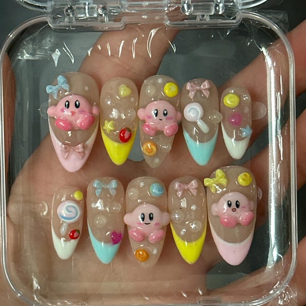 Handmade Kawaii Ki.rby Press on Nails, 3D Candy Kir.by Nails, Pastel ...