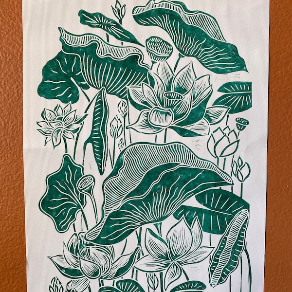 Japanese Lotus Flower Linocut Print Botanical Original Artwork ...
