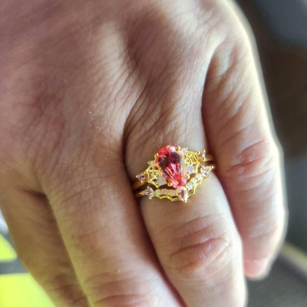 Spider Web Coffin Pink Sapphire Engagement Ring Set Rose Gold Opal ...