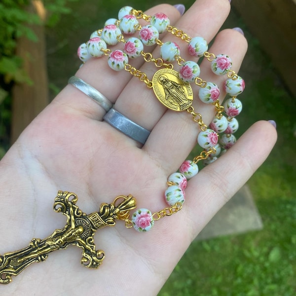 Handmade White With Pink Flower Patterned Rosary - Etsy