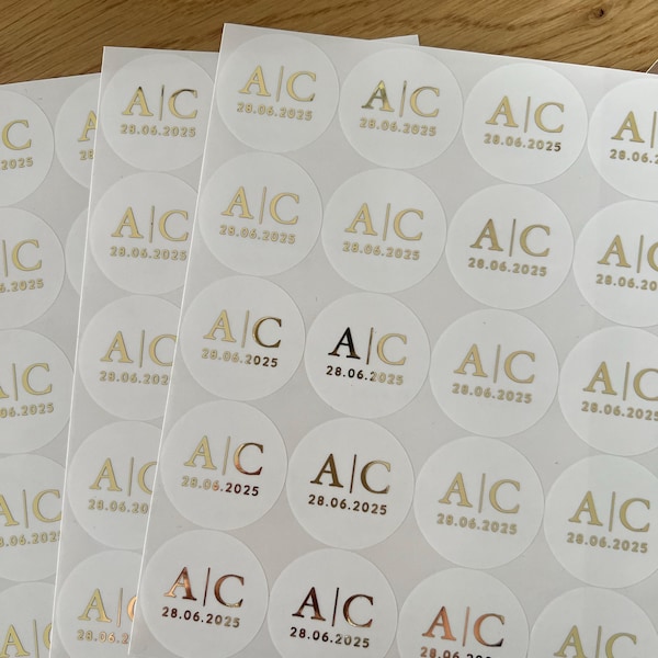 Foiled Wedding Initial Stickers, Personalised Wedding Favour Stickers ...