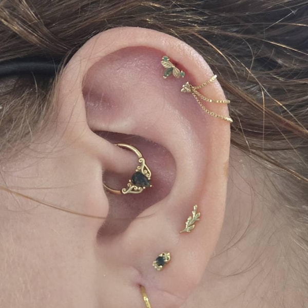 14K Solid Gold Moss Agate Piercing, Gold Garnet Dainty Earring ...