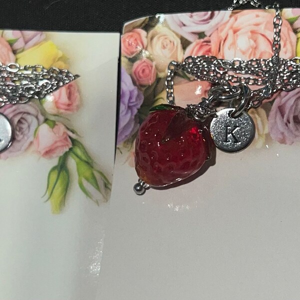 Gold Strawberry Necklace, Handmade Lampwork Charm, Personalized Initial ...