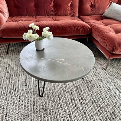 Concrete Kintsugi Coffee Table Round With Wood and Gold Legs - Etsy