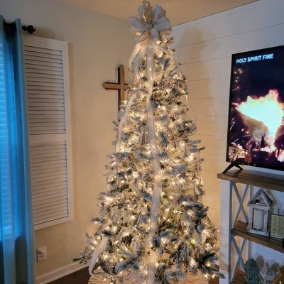Large Christmas Tree Topper Bow off White Burlap Ribbon With Champagne ...