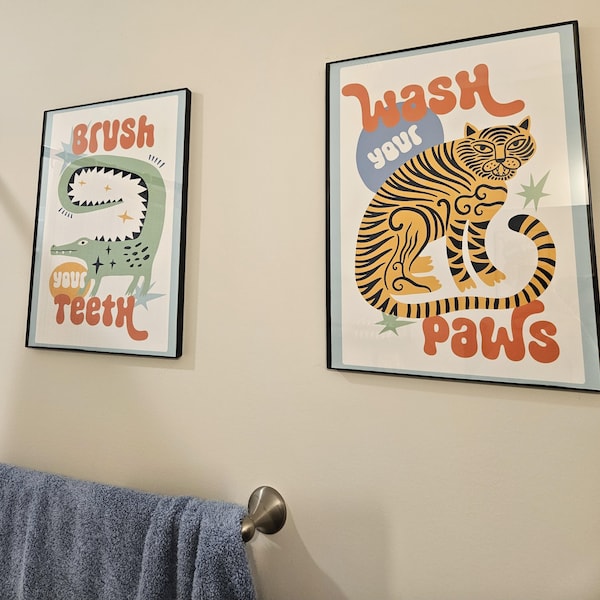 Tiger Wash Your Paws Bathroom Print Set, Fun Toilet Wall Art, Funny ...