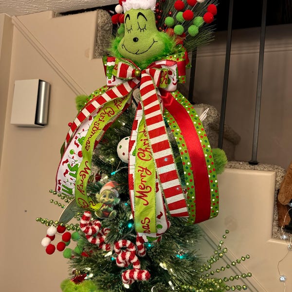 Grinch Tree Topper, Green Monster Bow, Grinchmas, Christmas Tree Topper ...