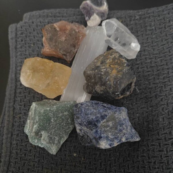 7 Chakra Stones Set (large) - 7 Natural Rough Stones, Selenite Stick ...