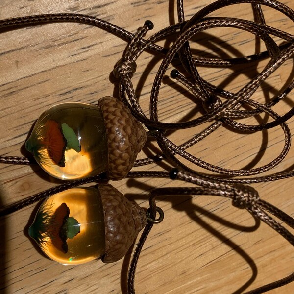 Acorn Necklace With Mushroom Frog, Resin Jewelry, Acorn Pendant, Wood ...