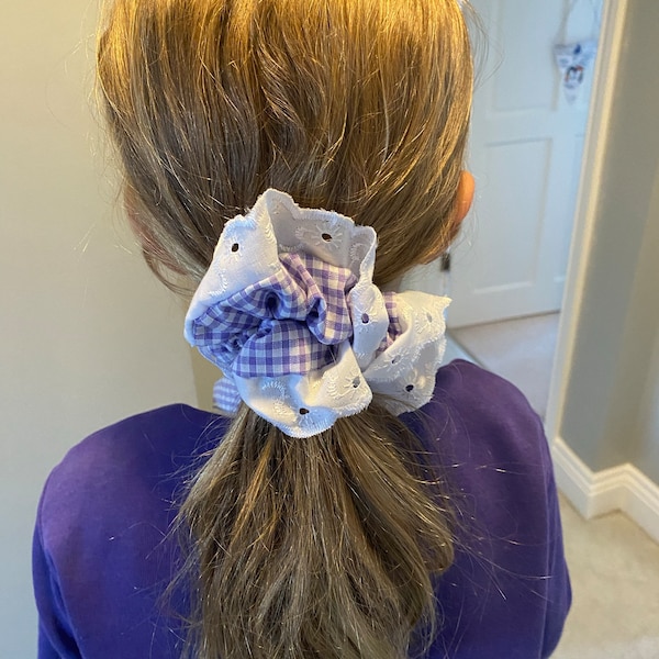Large Navy Gingham Scrunchie With Scalloped Lace/ribbon Trim | Navy ...