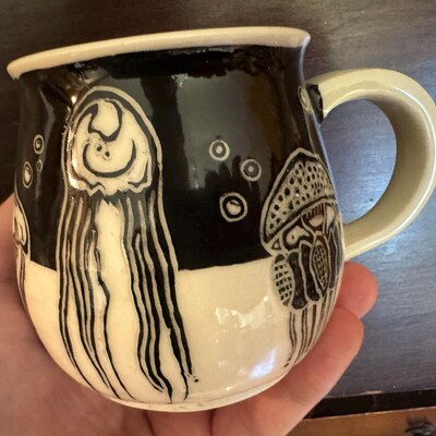 Royal Blue and White Sgraffito Jellyfish Mug - Etsy