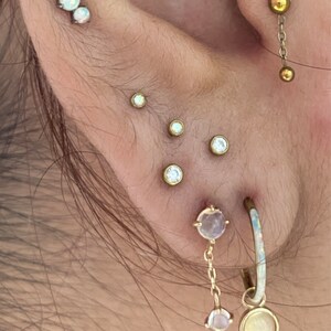 14K Solid Gold Diamond Cut Disc Stud Earring Moss Agate Threadless Push ...