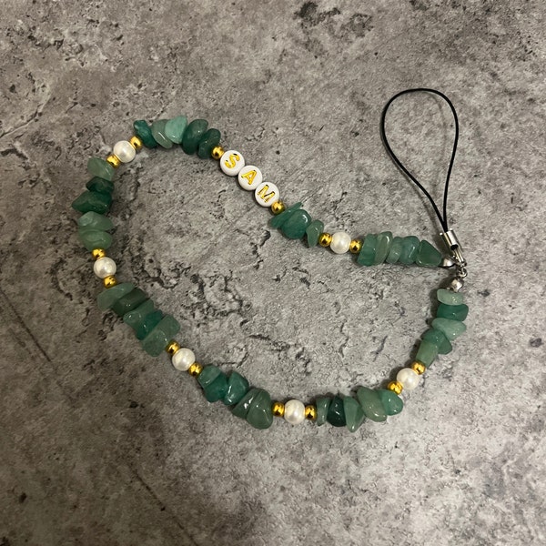 Pesonalised Aventurine and Pearl Phone Chain Strap, Green Crystal Chip ...