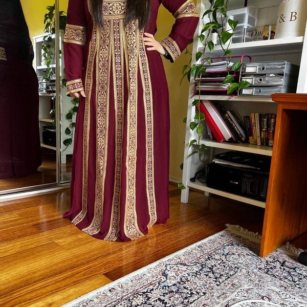 Palestinian Thobe Tatreez Dress Maxi Burgundy With Golden Embroidery ...