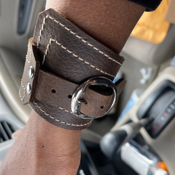 Brown Leather Cuff - Buckle Wrap Bracelet - Contratsing Stitiching ...