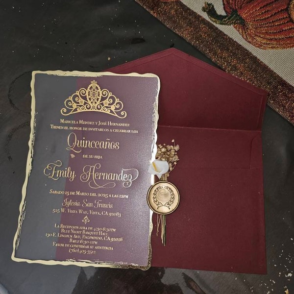 Acrylic Quinceanera Invitation: Burgundy Envelope, Gold Crown - Etsy