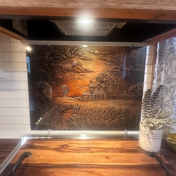 Glass Kitchen Backsplash, Rustic Sunflower Design, Copper Splashback ...