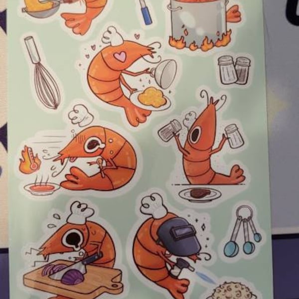 Chef Shrimp Fried Rice Glossy Waterproof Sticker Sheet Cute Shrimp Meme ...
