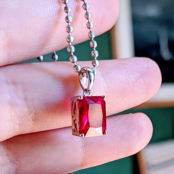 MIA Rectangle Ruby Necklace, July Birthstone, Sterling Silver Necklace, Ruby Pendant, Gemstone ...