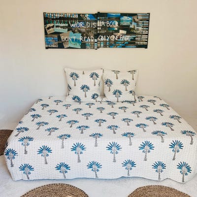 Hand Block Print Palm Tree Queen Quilt, Cotton Blanket Handmade ...