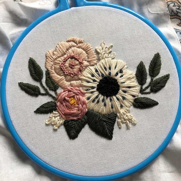 Pink Florals Embroidery Pattern. Digital Download. 6" Embroidery Hoop ...