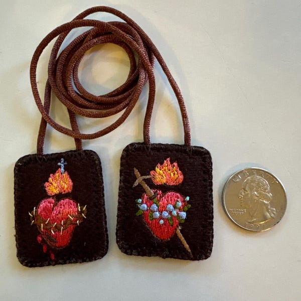 Mini Embroidered Brown Scapular*100% Woven Wool*sacred Heart Jesus ...