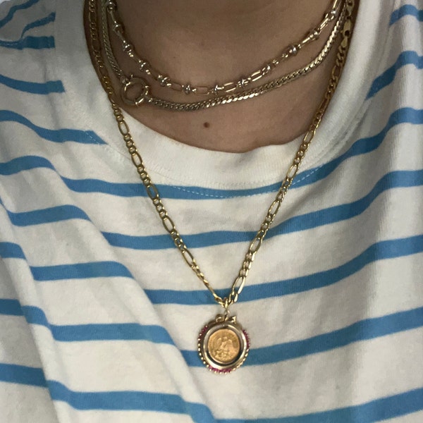 14K Gold Two Tone Chain Necklace, Oval Chain Choker, Rectangle Long ...