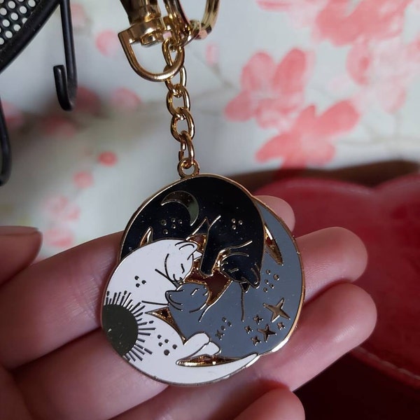 Trio of Cats Keychain Black Cat Keychain Celestial Keychain Sleeping ...