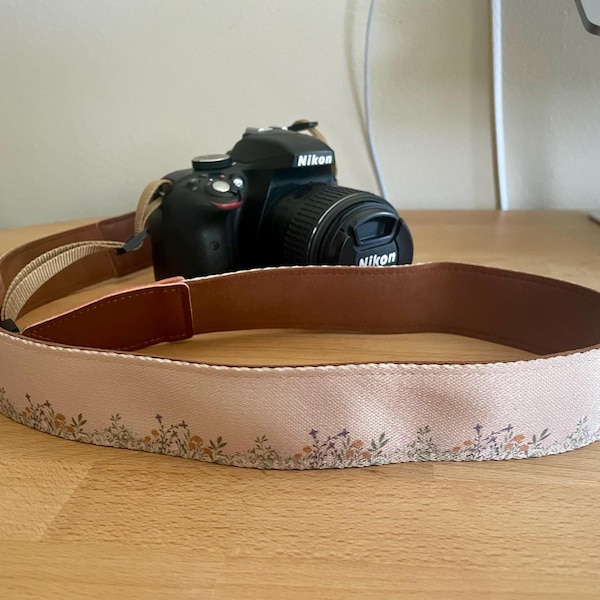 Flower Field Tan Camera Strap Design With Brown Vegan Leather ...
