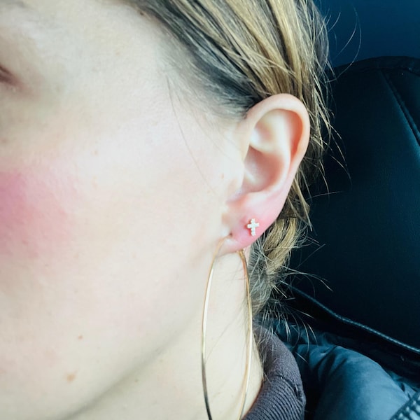 9.5mm Silver Cross Stud Earrings 925 Sterling Silver, Tiny Cross Studs, Cubic Zirconia Cross ...