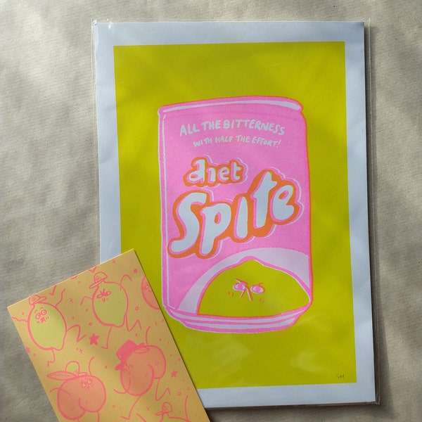 Bitter Lemon Diet Spite Cute Fruit Lemonade Drink Can Spite Neon Pink A4 Risograph Print - Etsy